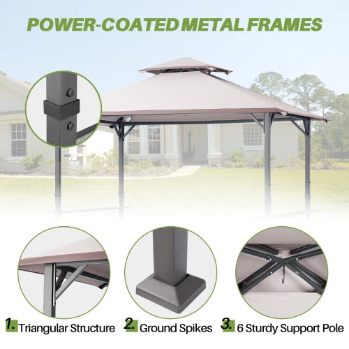 Easylee 8' x 5' Grill Gazebo for Outdoor BBQ, Steel Frame Gazebo with LED Lights and Hook, Double Tiered Barbecue Canopy Tent (Beige-White)