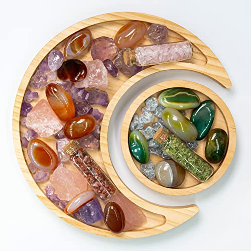 Spacmirrors Crystal Holder Moon Tray with Round Dish Display, Natural Pine Wooden Crystal Jewelry Essential Oil Tray Spiritual Boho Plate Wood Decor Tray for Stone, Nuts, Fruits