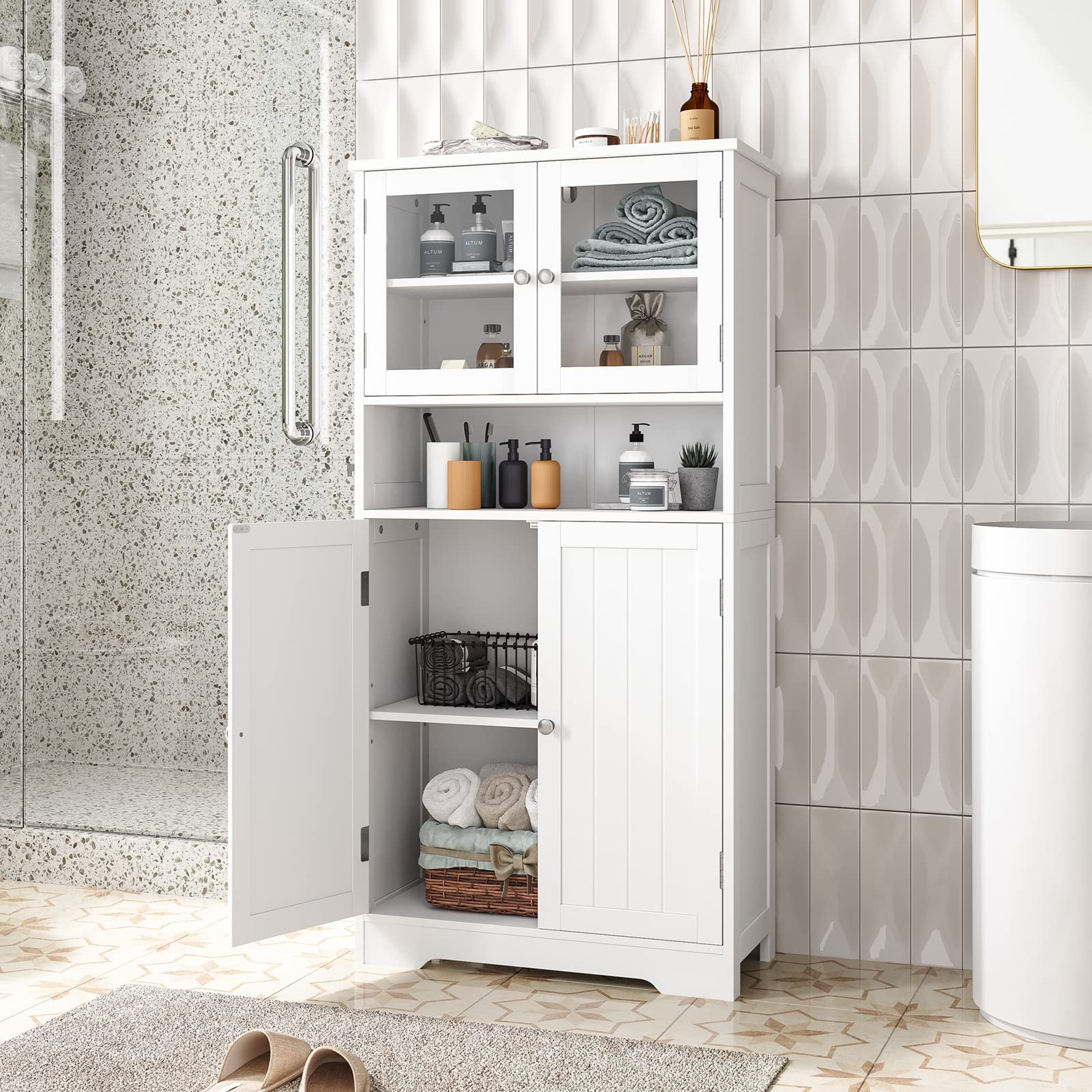 Irontar Bathroom Cabinet, Bathroom Floor Cabinet with Open Shelf, Large Display Cabinet with Doors, Kitchen Cupboard, Storage Cabinet for Living Room, 23.6 x 11.8 x 50.4 Inches White CWG006W