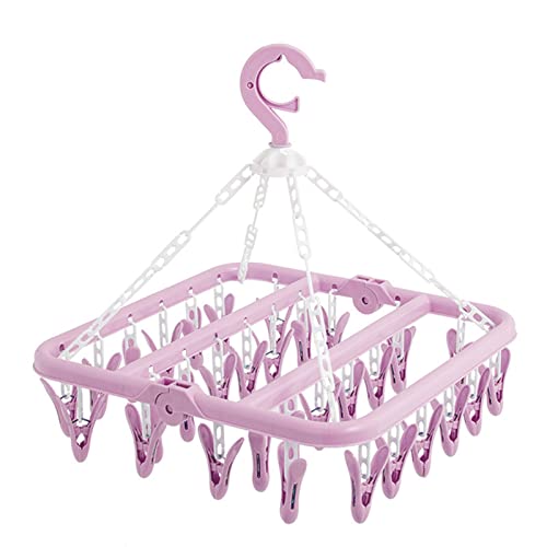 LOCKISH Foldable Laundry Hanger with 32 Clips,Sock Hanger Drying Rack,Laundry Clothespin Drying Rack for Socks Underwear Bras Scarf(Pink)