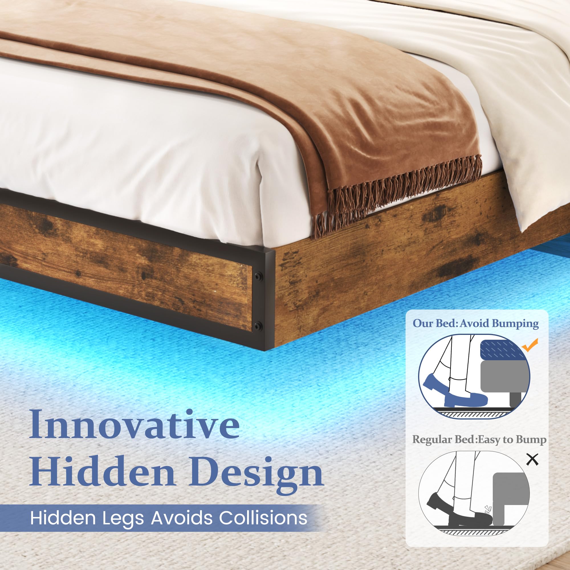 Lifezone Floating Queen Bed Frame with LED Lights, 2-Tier Storage Headboard, Metal Queen Bed Frame with Built-in Charging Ports, Noise-Free, Easy Assembly, Vintage Brown
