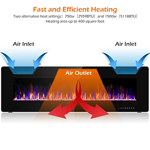 Tangkula 60 Inches Recessed Electric Fireplace, in-Wall & Wall Mounted Electric Heater with Adjustable Flame Color & Speed, Remote Control, Touch Screen, 750-1500W (60 Inches)
