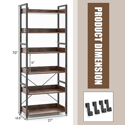 Tangkula 6-Tier Bookshelf, 70β Tall Industrial Bookcase w/Open Shelves & 4 Hooks, Storage Rack w/Metal Frame, Vintage Standing Display Rack for Study Living Room Kitchen (Rustic Brown, 6-Tier)