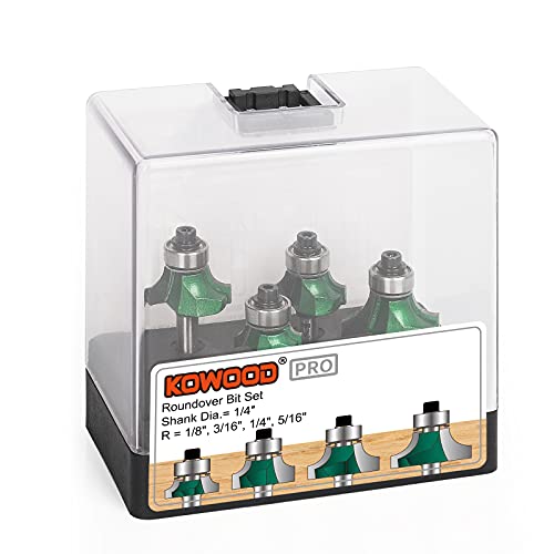 KOWOOD Pro Roundover Bit Set 4 Pcs, 1/4 Inch Shank Router Bit Set, R:1/8", 3/16", 1/4", 5/16",Designed for Woodworking Enthusiasts