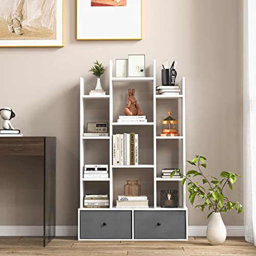 Tangkula Bookshelf with 2 Drawers, Tree-Shaped Bookcase with 12 Open Storage Shelves, Freestanding Industrial Wood Display Cube Shelf, Home Office Books Organizer, 31.5 x 9.5 x 52 Inches