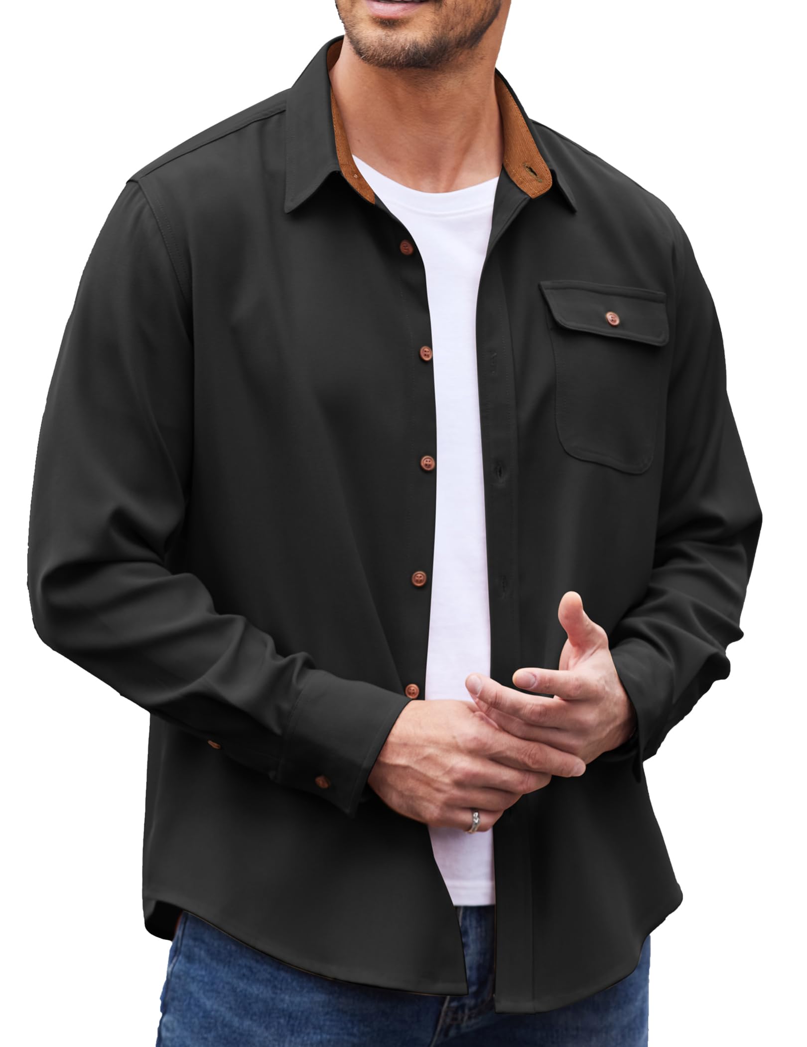 COOFANDY Men's Shirt Jacket Lightweight Flannel Plaid Shirt Long Sleeve Button Shirts Black