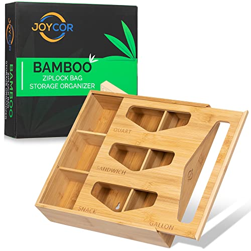 Joycor Bamboo ziplock bag storage organizer, baggie organizer for kitchen drawer or wall mount - holds gallon, quart, sandwich and snack variety size bags