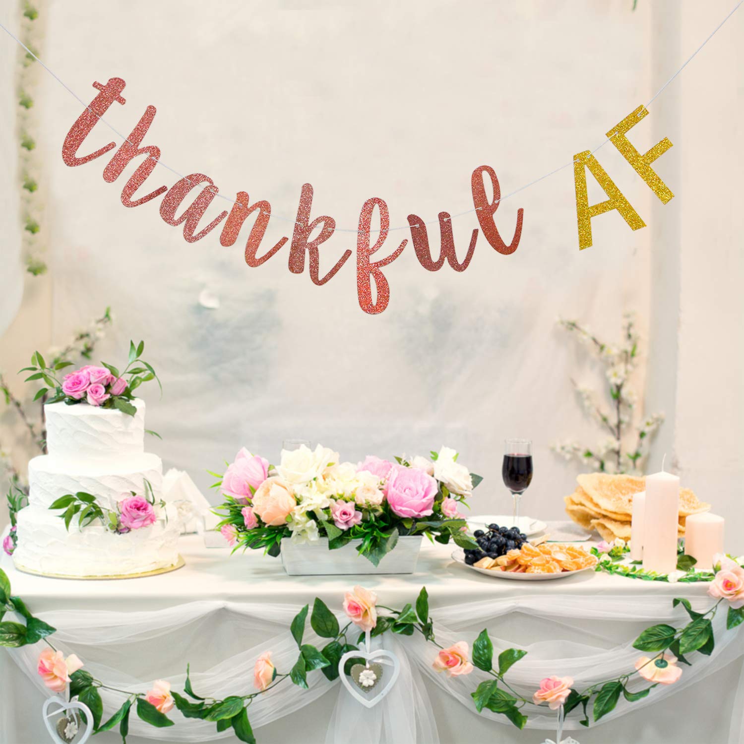 Rose Gold Glitter Thankful AF Banner-Great for Thanksgiving Day Party Decor-Baby Bridal Shower Birthday Party Decorations-Office Work Party Decorations