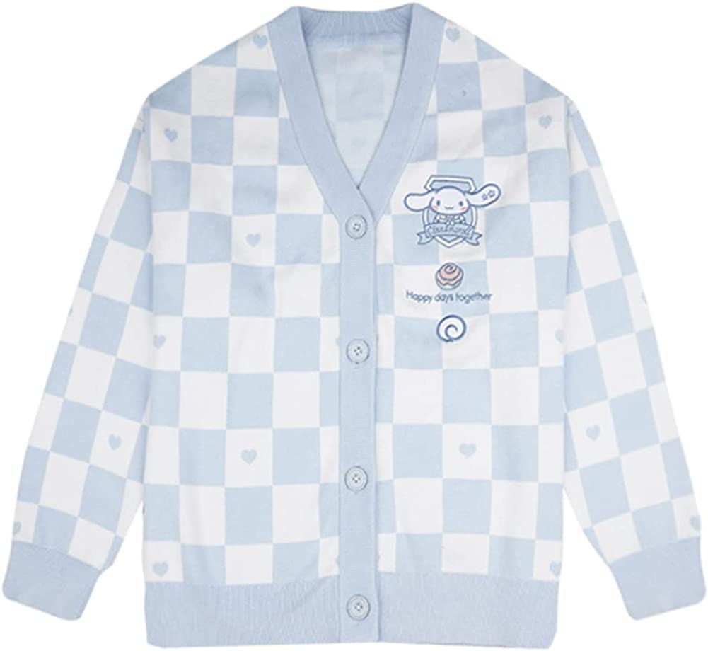 Cosplay Sweater Kawaii Button Knitted Outerwear Women's Japan Cute Cardigan Plaid Jk Uniform Cardigan Sweater (US, Alpha, Large, Regular, Regular, Blue)
