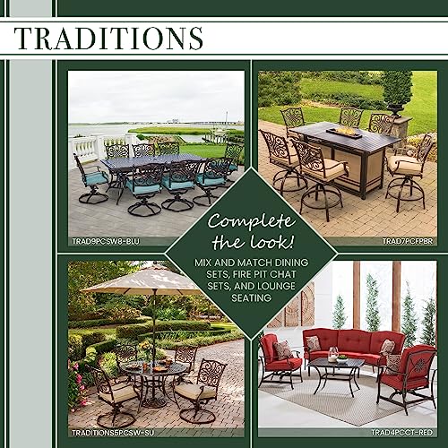 Hanover Traditions 9-Piece Outdoor Patio Dining Set with Rust-Free Cast-Top Aluminum Rectangular Dining Table and 8 Swivel Rockers, and Weather-Resistant Plush Blue Cushions