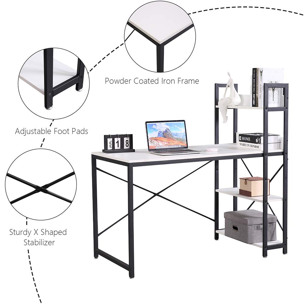 Computer Writing Study Home Office Desk, Multipurpose Study Table H Shape Table with 4 Tier Bookshelves, 47 inch #White