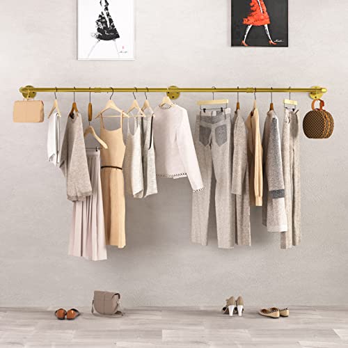 MOUTIK Industrial Pipe Clothes Hanging Rack: Wall Mounted Iron Clothing Storage Hanger Rod - Heavy Duty Multi-Purpose Metal Garment Bar for Closet Laundry Room Gold