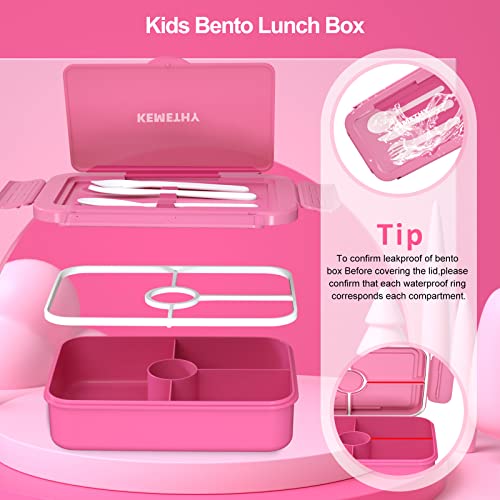 KEMETHY Bento Lunch Box for Kids, 4 Compartment Lunch Box Kids, Leak Proof Lunchbox with Tableware for Kids Lunch boxes for School, Microwave/Dishwasher/Freezer Safe, BPA-Free and Reusable, Pink