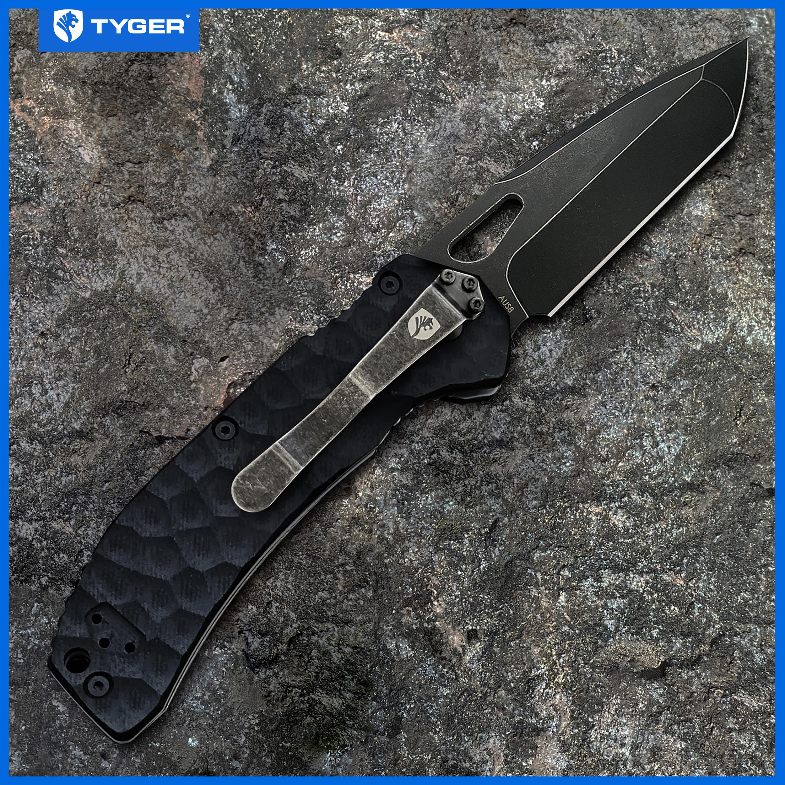 Tyger K4 EDC Folding Pocket Knife | Stone-washed AUS-8 Steel Blade with Black Titanium Ion Carbide Coating | Black G-10 Handle | TG-KF7A2858