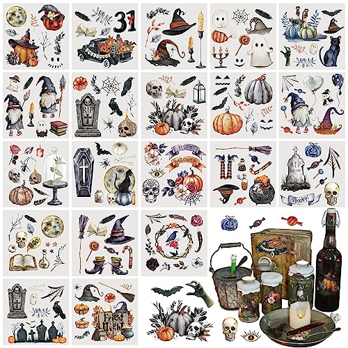 Honoson 20 Sheets Halloween Rub on Transfers for Crafts and Furniture Vintage Pumpkin Skull Ghost Rub on Transfers Stickers Black Halloween Rub on Decals for Wood DIY Paper Home Decor, 5.9 x 5.9 Inch