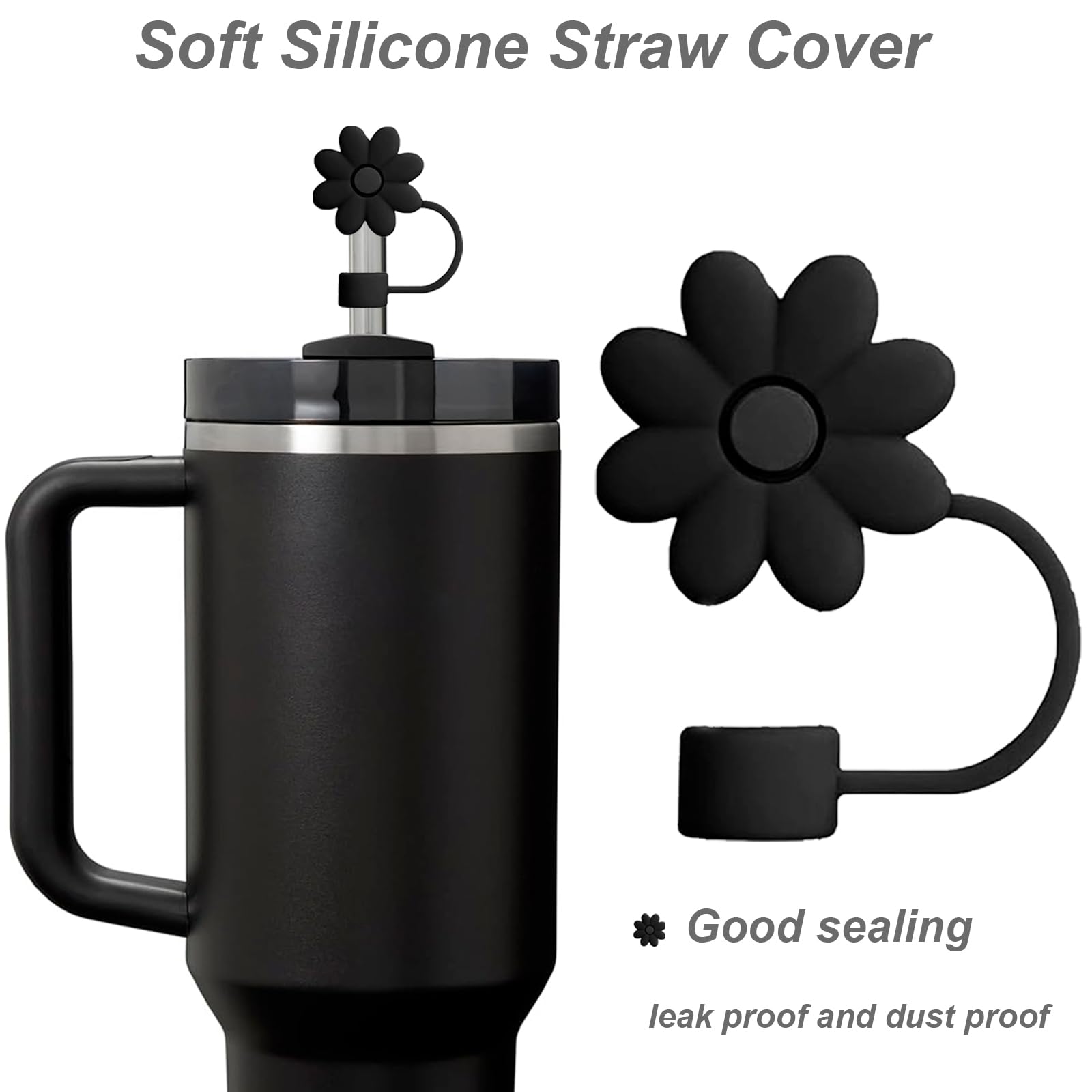 Ghislaine Straw Cover Cap for Stanley Cup, Stanley Cup Accessories Flower Straw Topper Silicone Dust-Proof Protector for 40/30/20 Oz Tumblers 10mm Straws (Black)