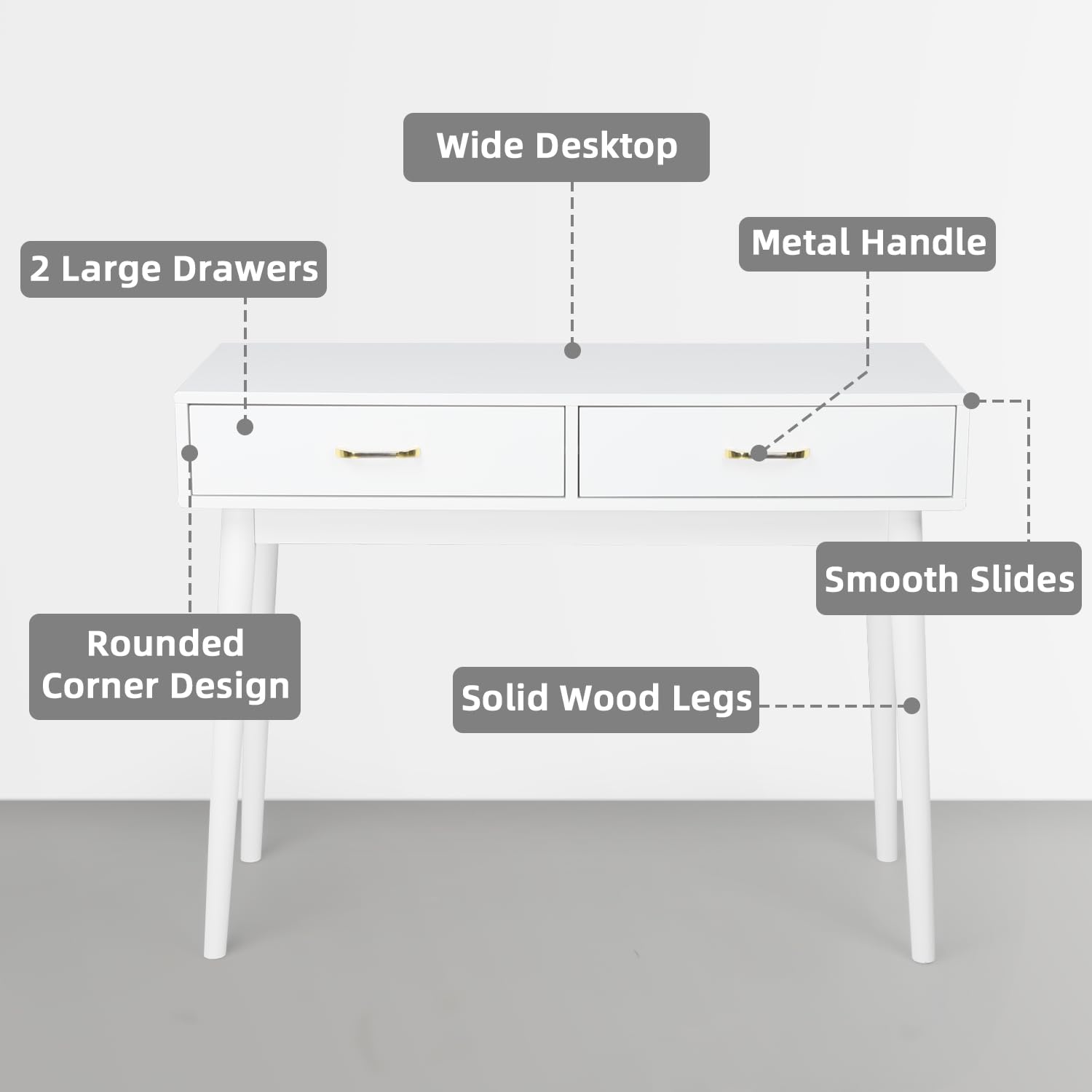 Rotihom Small White Desk with 2 Drawers, Modern Writing Desk for Small Spaces, Home Office Desk for Study, Laptop Computer Desk for Work, Makeup Vanity Table for Bedroom (White)