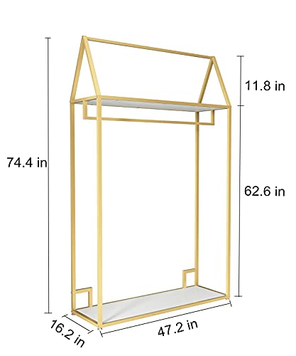 TDD Modern Clothing Rack Gold with 2 Shelves Free-Standing Garment Rack Heavy Duty Retail Display Clothes Racks for Hanging Clothes Boutique Home