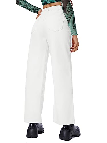 SweatyRocks Women's Casual Loose High Waist Solid Straight Wide Leg Jeans White Elastic Waist S