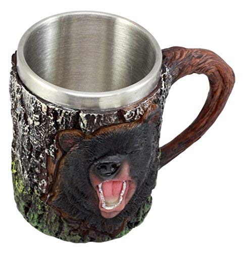Ebros Gift Nature Wildlife Roaring Black Bear Mug With Rustic Tree Bark Design 12oz Drink Beer Stein Tankard Coffee Cup