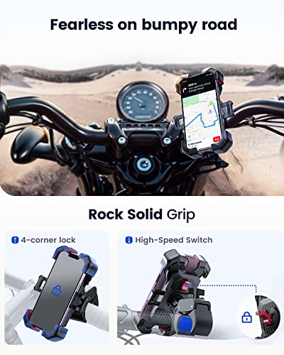 JOYROOM Motorcycle Phone Mount, [1s Auto Lock][100mph Military Anti-Shake] Phone Holder for Bicycle, [10s Quick Install] for Handlebar Mount, Compatible with iPhone 15 Pro, Samsung, All Cell Phone
