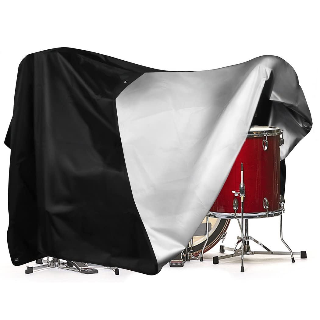 Drum Set Cover, Black Waterproof 420D Oxford Cloth Cover for Drum Set, Drum Set Dust Cover with Silver Coating Weighted Corners, Protective Cover from UV-Rays with Zipper Storage Bag