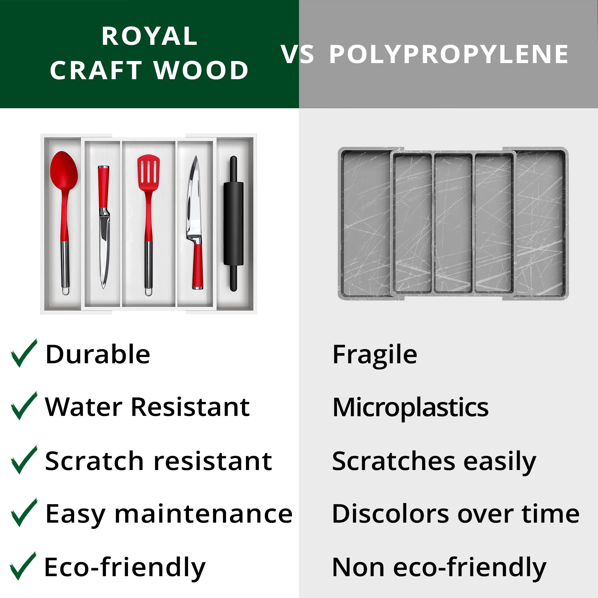 ROYAL CRAFT WOOD Luxury Bamboo Kitchen Drawer Organizer - Silverware Organizer - Utensil Holder and Cutlery Tray with Grooved Drawer Dividers for Flatware and Kitchen Utensils (5 Slot, White)