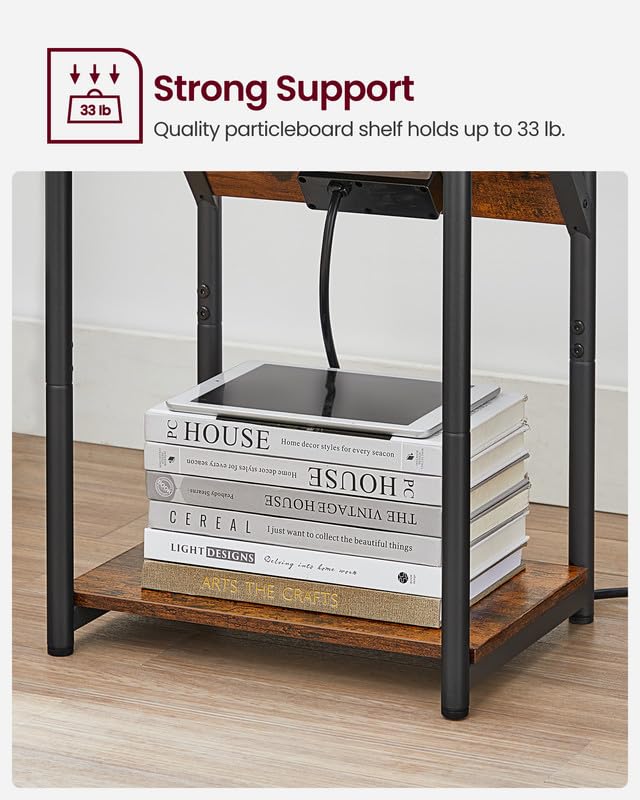 VASAGLE Side Table with Charging Station, End Table with USB Ports and Outlets, Nightstand for Living Room, Bedroom, Plug-in Series, Rustic Brown and Black ULET371B01