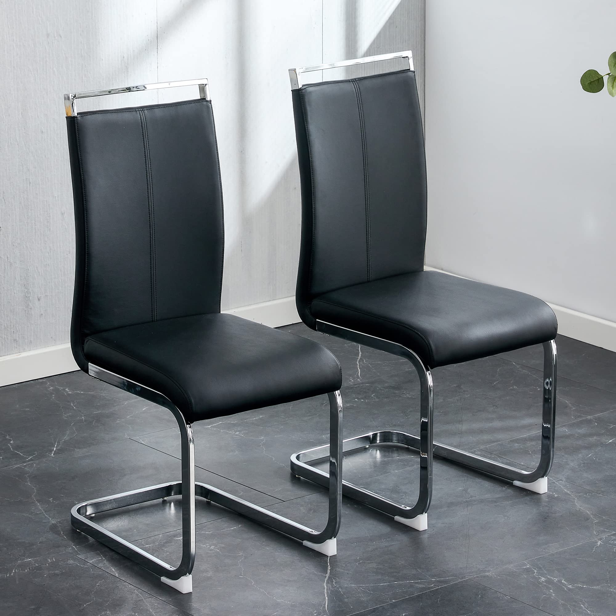 Ebullient Dining Chairs Set of 2,Morden High Back Side Dining Room Chairs, Black Kitchen Chairs with Faux Leather Padded Seat, Chairs for Dining Room,Kitchen, Living Room (Black)