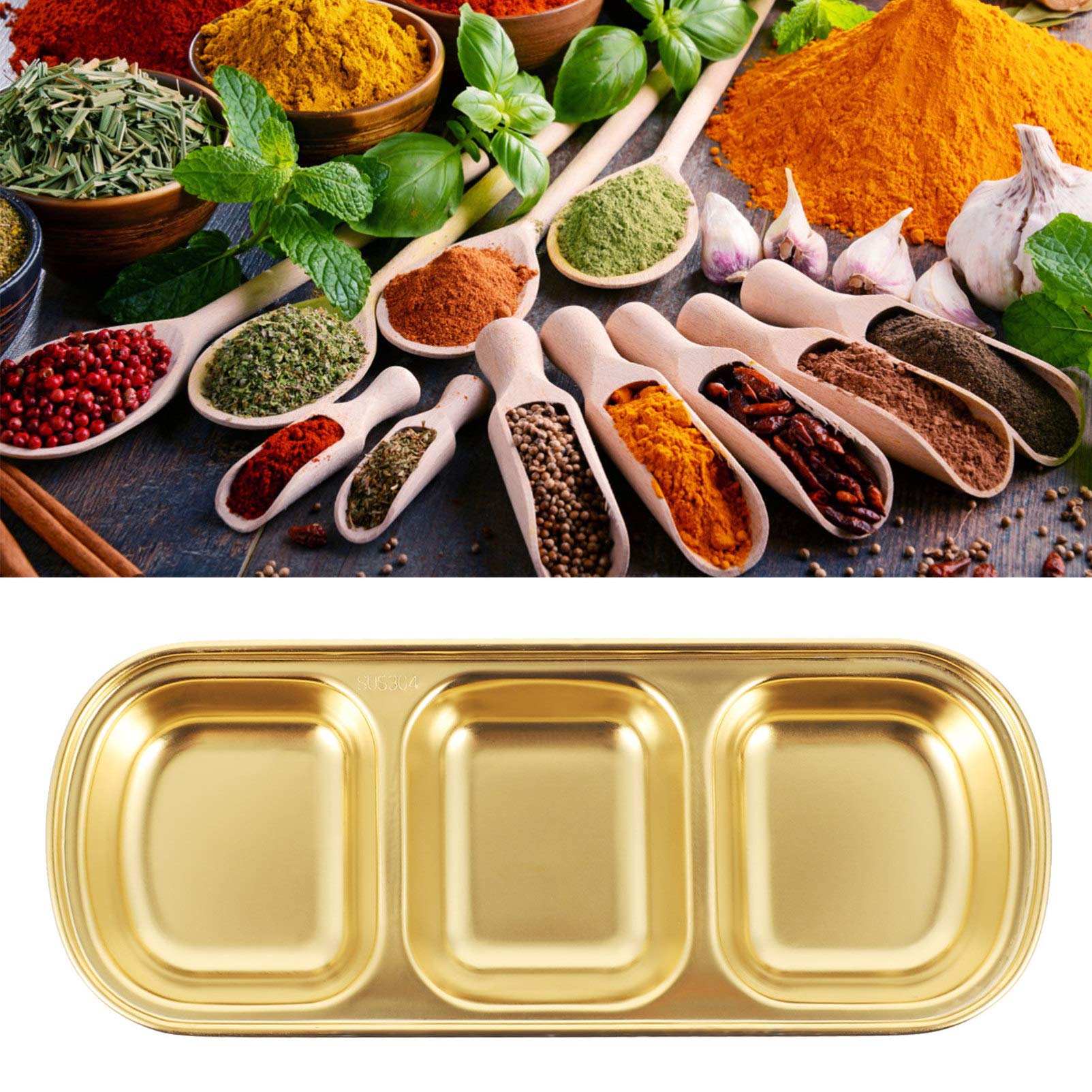 DOITOOL 2Pcs Stainless Steel Dipping Sauce Dishes, 3 Compartment Soy Sauce Dipping Bowls, Sushi Dipping Bowl Appetizer Plates Serving Dish for Soy Sauce, Ketchup, BBQ Sauce or Seasoning (Gold)