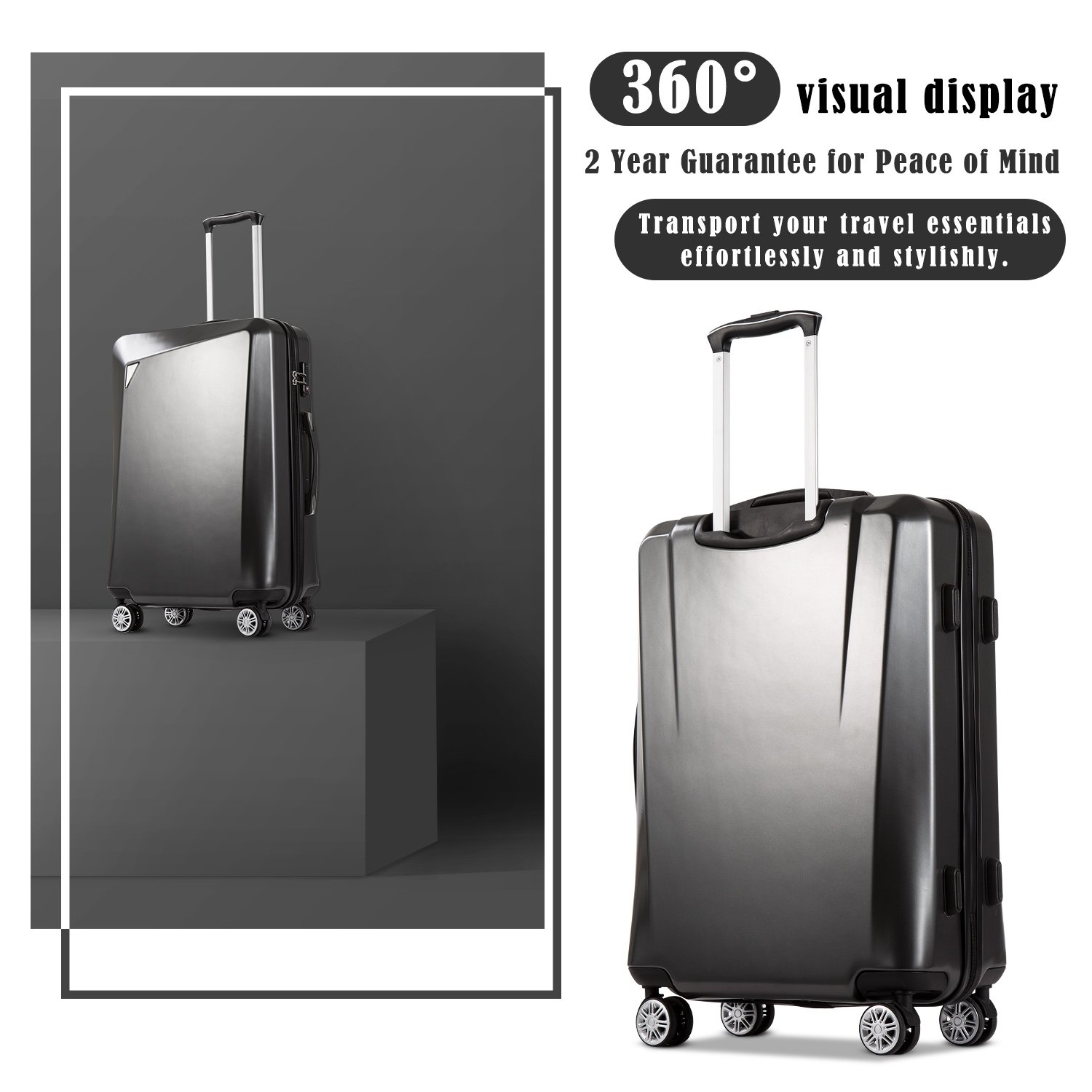 Coolife Luggage 3 Piece Sets PC+ABS Spinner Suitcase 20 inch 24 inch 28 inch (black)