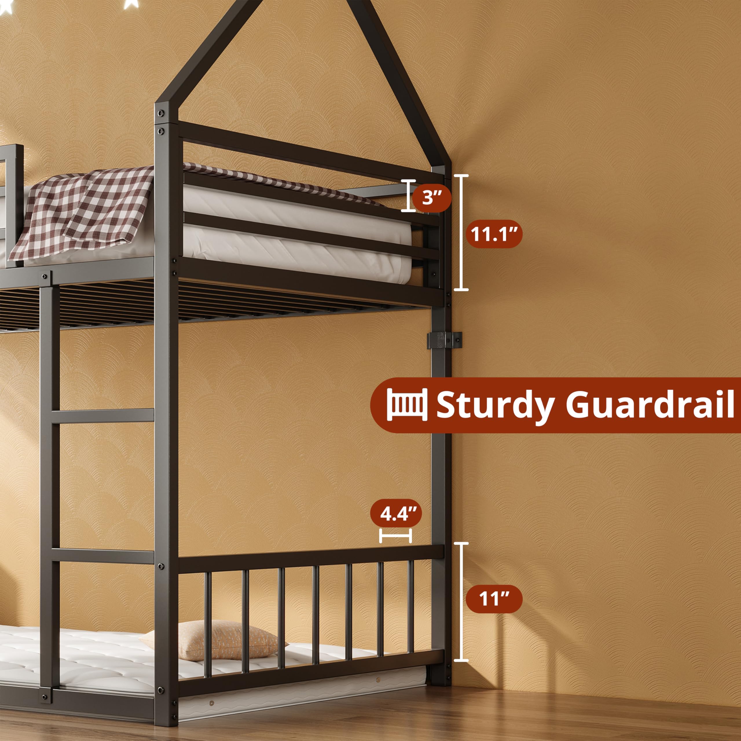 LIKIMIO Bunk Bed Twin Over Twin, House Bunk Bed Frame with Ladder and Guardrail, House Shaped with Metal Slats for Dormitory and Bedroom, Space Saving, No Box Spring Needed, Black