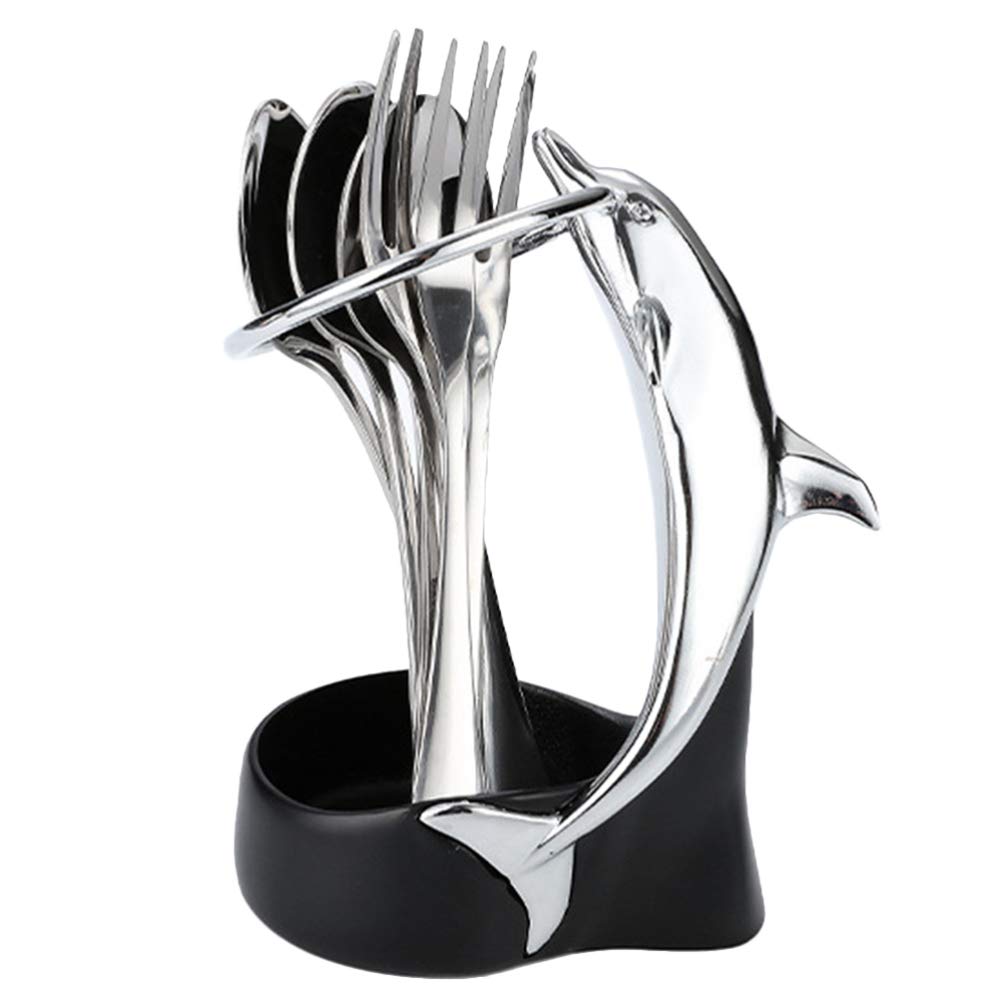 DOITOOL 3PCS Forks and Spoons Silverware Set with Organizer, Stainless Steel Silverware Set Tableware Dinnerware with Creative Dolphin Base Holder