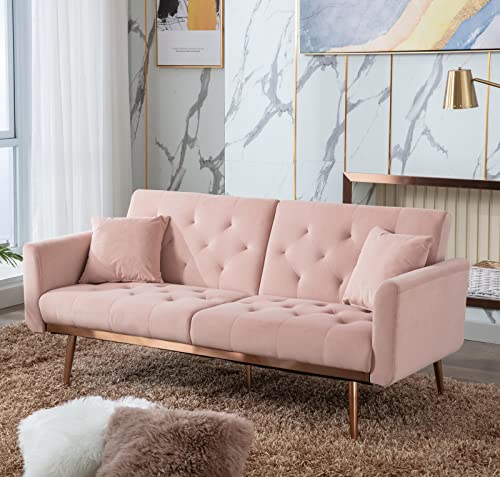 HBHM Velvet Accent Sofa, Loveseat Mid Century Modern Velvet Fabric Couch, Convertible Futon Sofa Bed, Recliner Couch Accent Sofa Loveseat Sofa with Gold Metal Feet,Pink