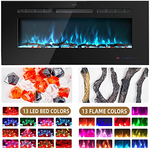 Kentsky 48 inches Electric Fireplace Inserts, Recessed and Wall Mounted Fireplace Heater, Linear Fireplace w/Thermostat, Remote & Touch Screen, Multicolor Flame, Timer, Log & Crystal, 750W/1500W