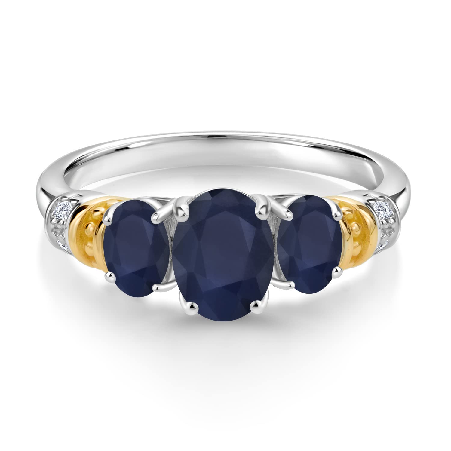 Gem Stone King 925 Sterling Silver and 10K Yellow Gold Oval Blue Sapphire and Diamond 3 Stone Women Ring (2.94 Cttw, Gemstone Birthstone, Available In Size 5, 6, 7, 8, 9)
