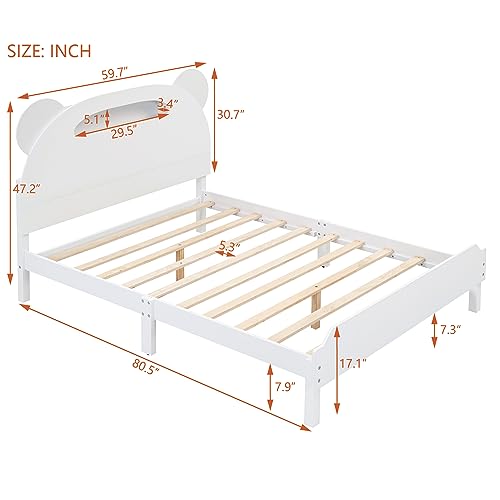 Kids Full Size Platform Bed with Motion Activated Night Lights, Wood Full Bed with Bear-Shaped Headboard, Cute Kids Full Size Bed Frame for Boys Girls (White)
