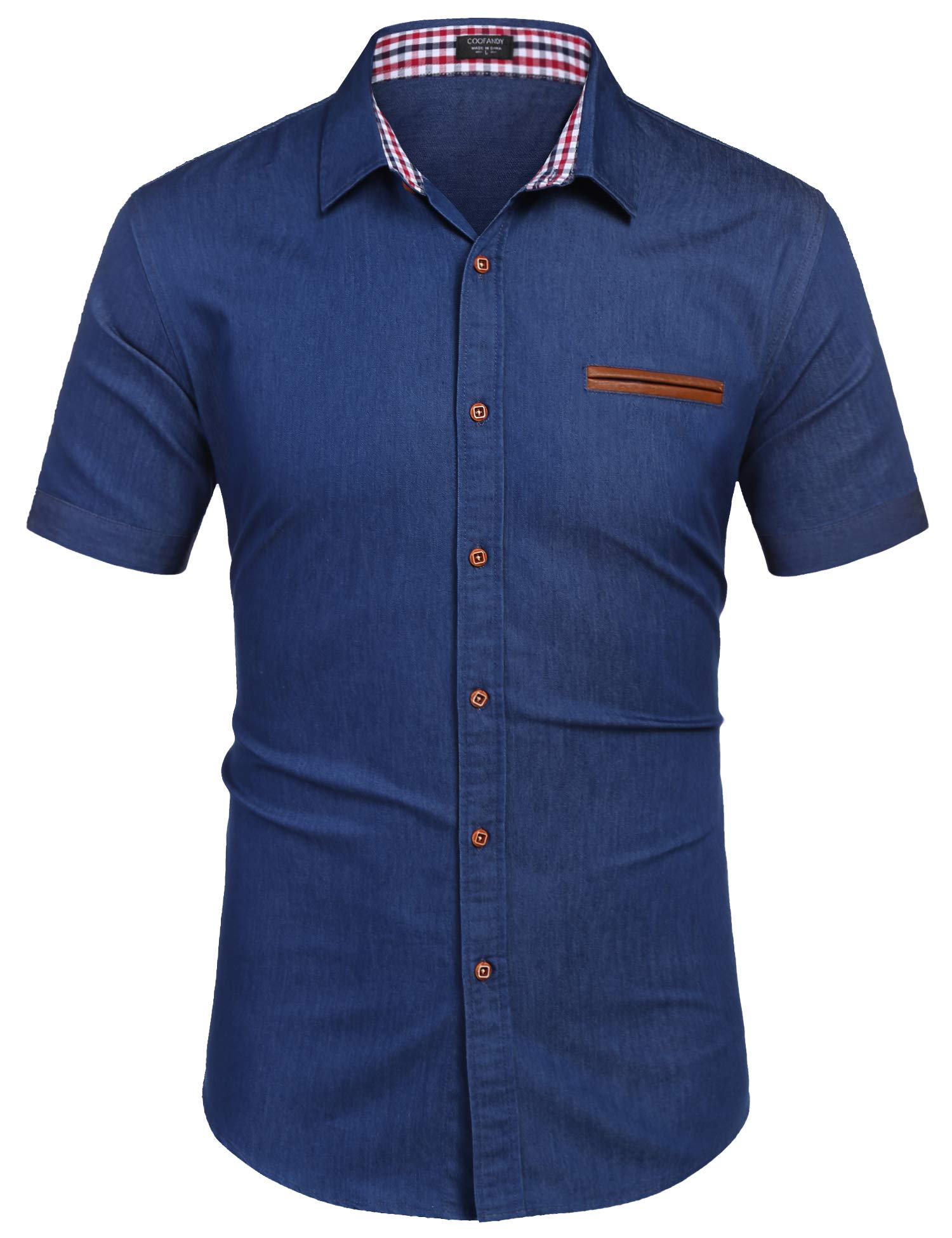 COOFANDY Short Sleeved Shirts Men Casual Button Down Dress Shirt Denim Work Shirts, Dark Blue, X-Large