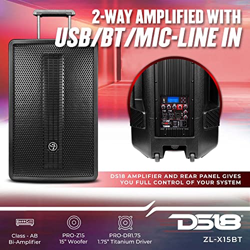 DS18 ZL-X15BT Zumba Loud 15" Self Powered 2-Way Loudspeaker Portable PA Speaker System, with MP3, USB & TWS Bluetooth, 1000 Watts - Perfect for Your Studio, Party, Dance Floor, Home or Outdoor Event