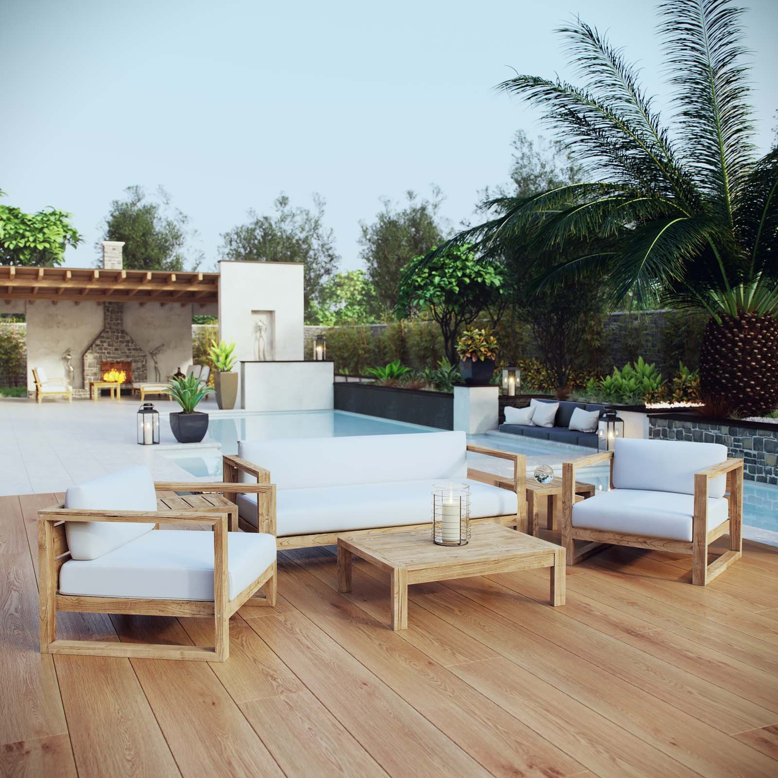 Modway Upland Teak Wood Outdoor Patio 6-Piece Sectional Sofa Set with Cushions in Natural White