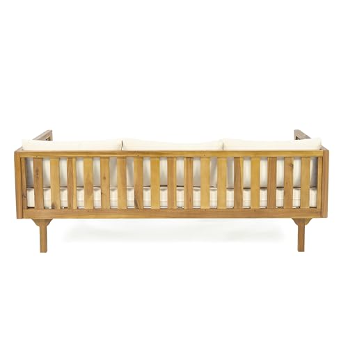 Merax 67.5" Outdoor Patio Daybed 3 Seater Sofa Bed,Acacia Wood Frame with Rattan Arm,Cushion & Pillow