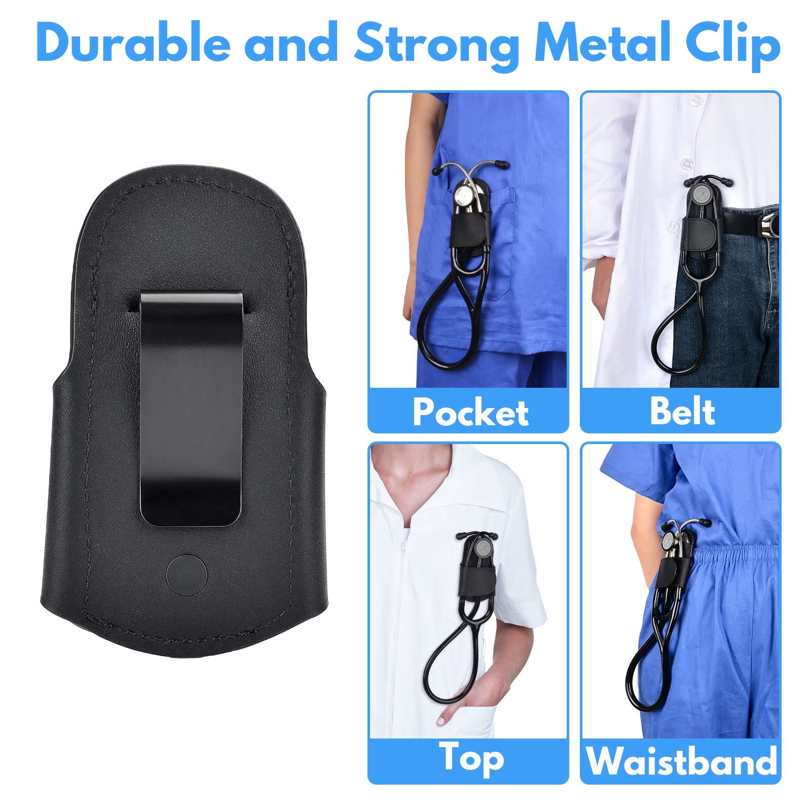 Healvaluefit Stethoscope Holder Genuine Leather for Littmann, Stethoscope Holder Hip Clip with Velcro, Stethoscope Clip for Scrubs, Stethoscopes Accessories Fit for MDF, ADC, EKO (Black)