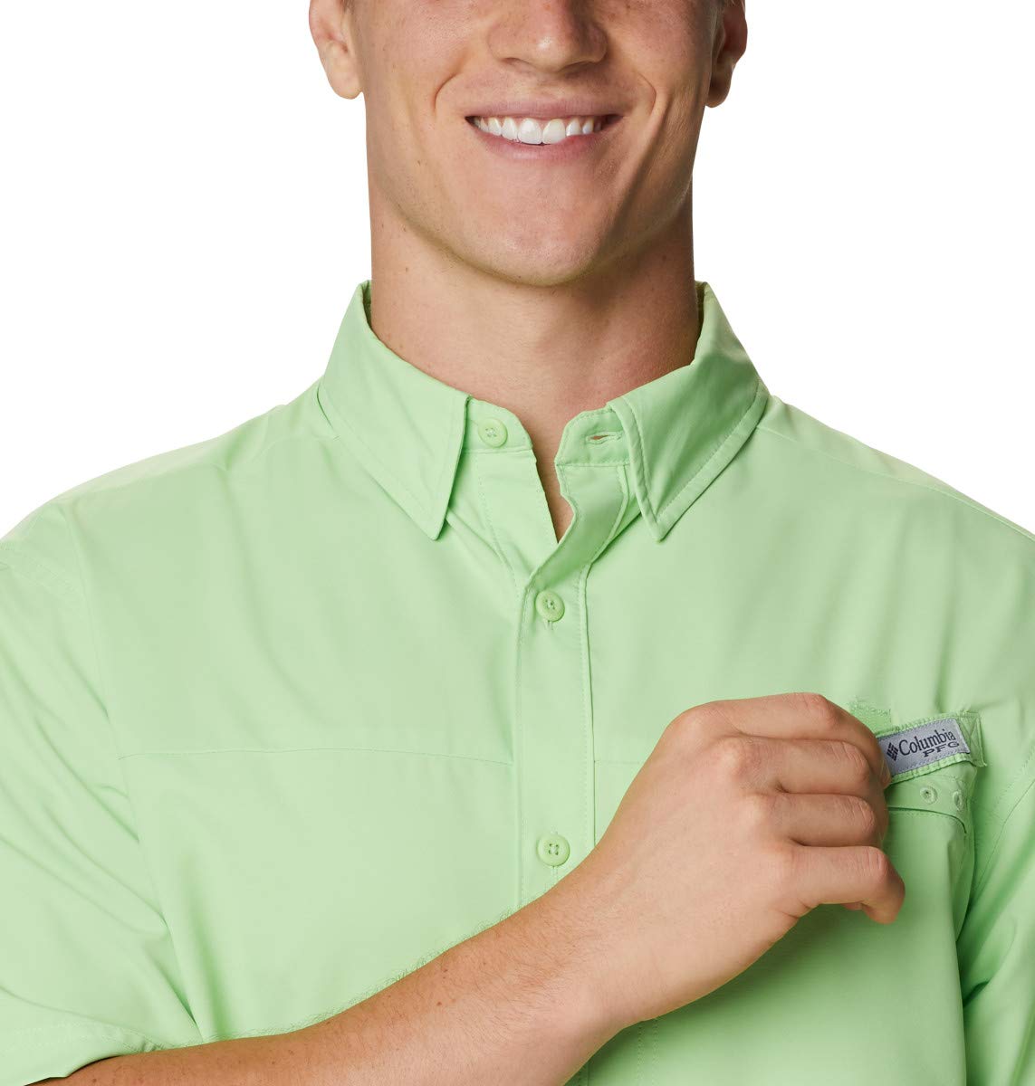 Columbia Men's PFG Grander Marlin Woven Short Sleeve Shirt, Moisture Wicking, Sun Protection, Lime Glow, Medium