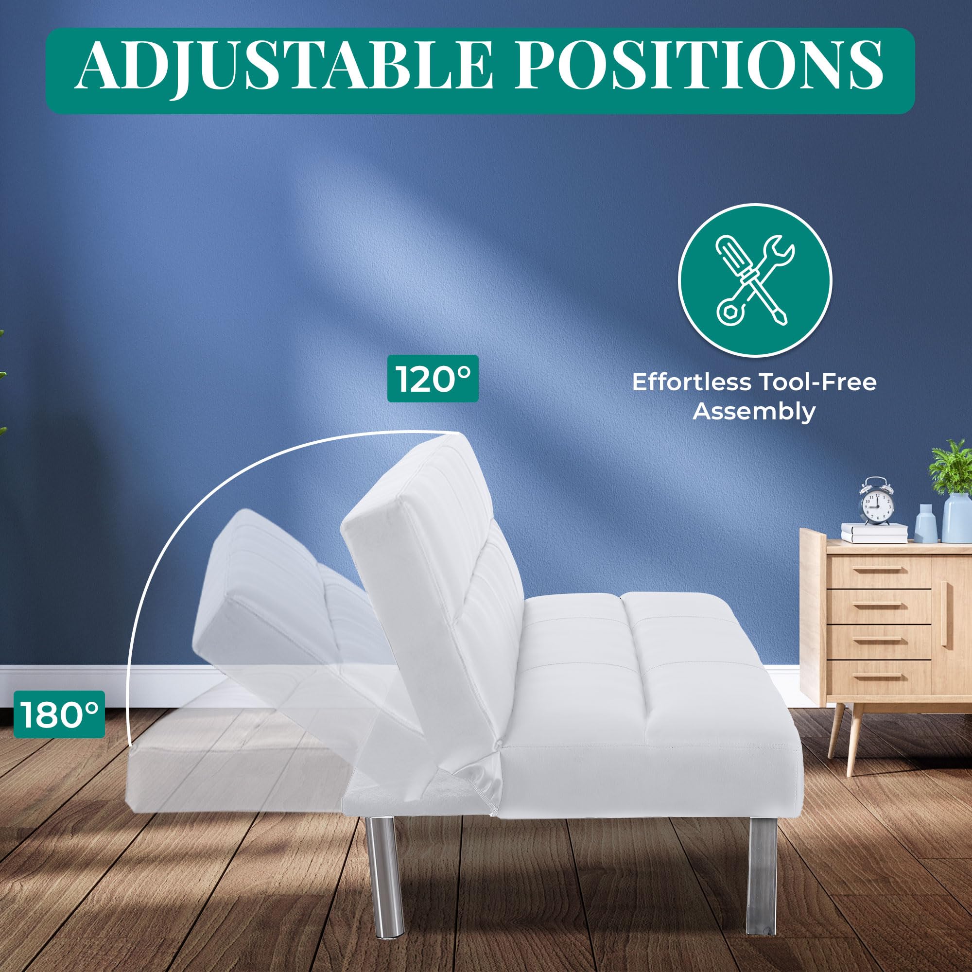 Naomi Home Faux Leather Futon Couch, Modern Convertible Folding Sofa Bed Couch Futon Sofa Bed with Chrome Legs, Reclining Mini Couch, Leather Futon Small Couch for Bedroom Living Room White