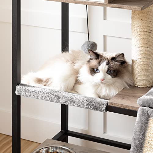 HOOBRO Wooden Cat Tree, Versatile Cat Tower with Scratching Post, Cat Hammock and Food Bowls, 4-Tier Pet House for Indoor Cats, Multi-Cat Families, Greige BG34MZ03