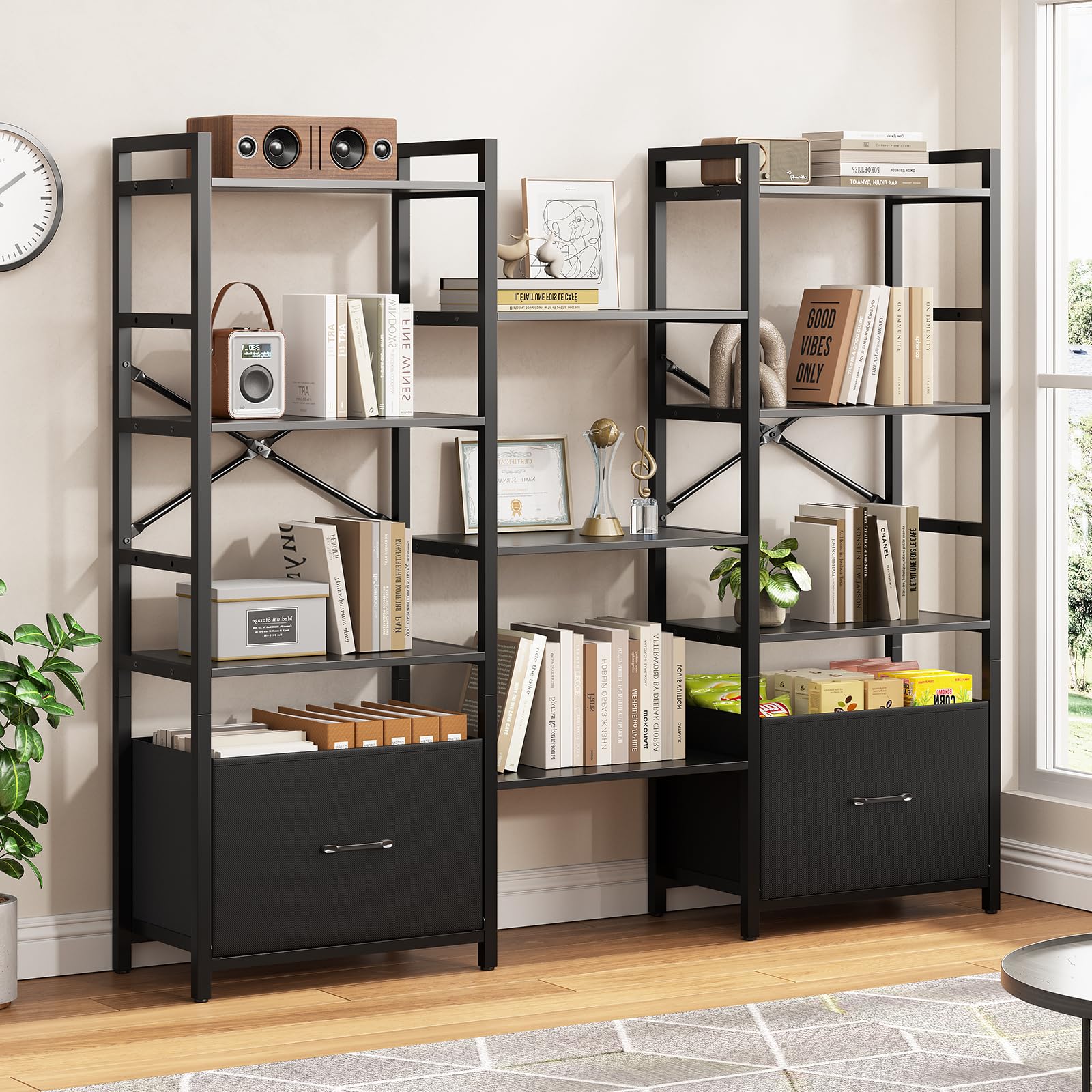 Itaar Triple 4 Tier Bookshelf with Drawers, Bookcase with Open Display Shelves, Industrial Wide Book Shelf with Metal Frame for Living Room, Office, Kitchen, Black