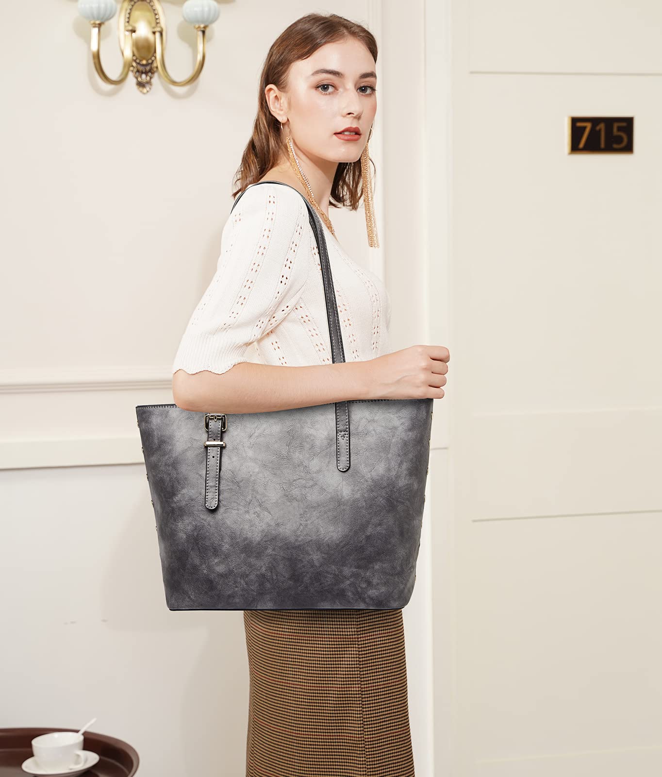 FOXLOVER Vegan Leather Tote Bags for Women Large Capacity Shoulder Bag Vintage Satchel Handbag Purse (Grey)