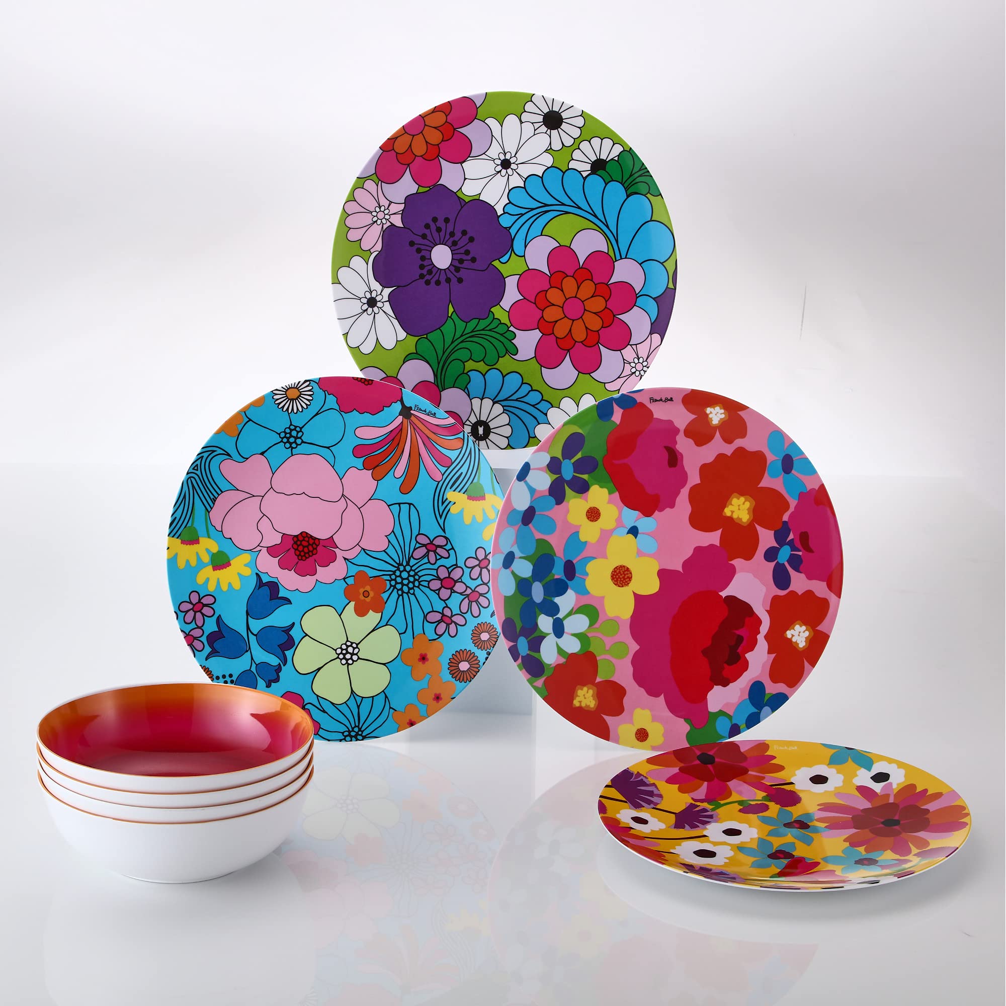 French Bull Assorted Plates - 4 Piece Set - 11 inch Melamine Dinner Plate Set - Melamine Dinnerware for Indoor and Outdoor - Assorted Garden Floral