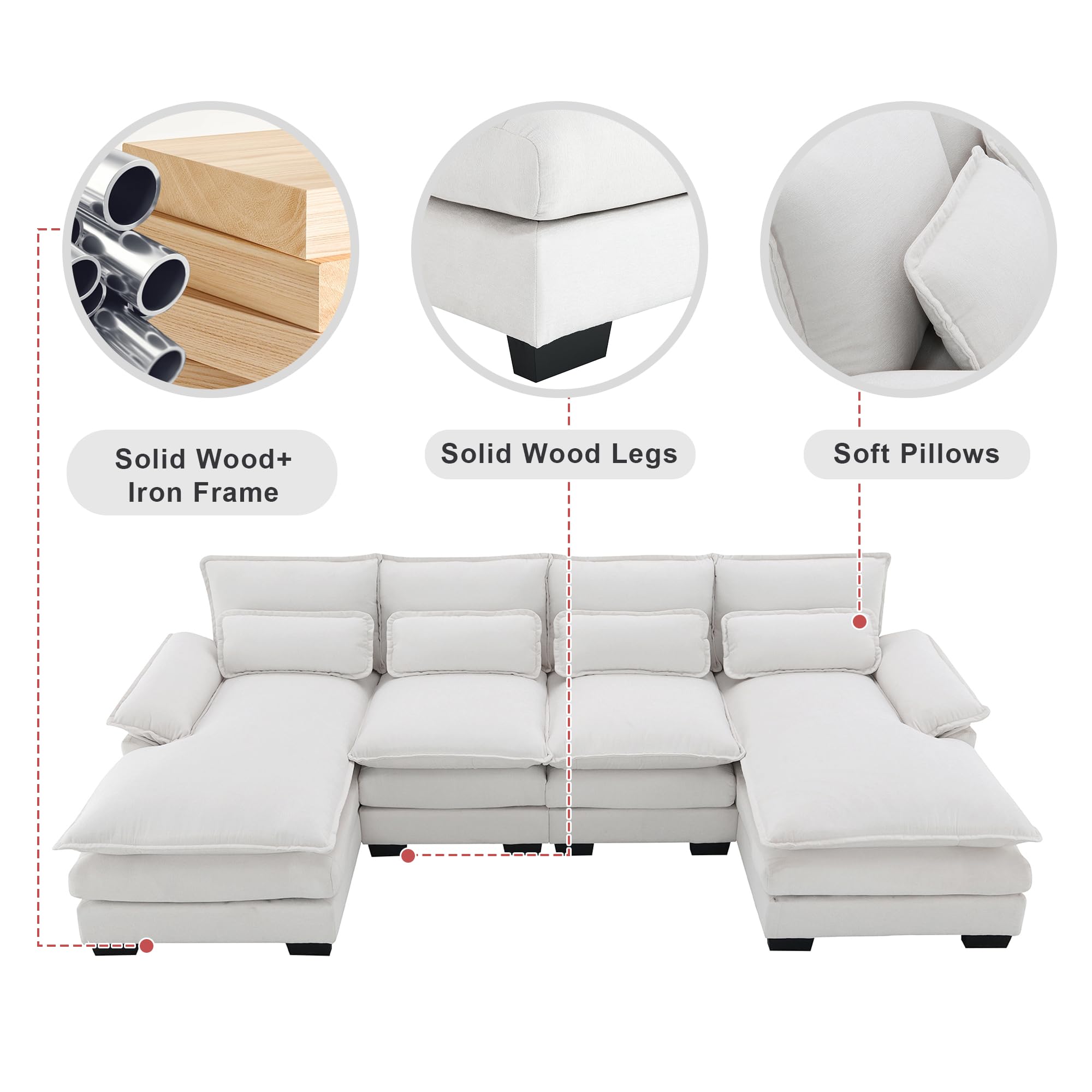 Merax Modern U Shaped Sectional Sofa, Symmetrical Sleeper Couch w/Waist Pillows & 2 Chaise Lounge, for Living Room, Apartment, White