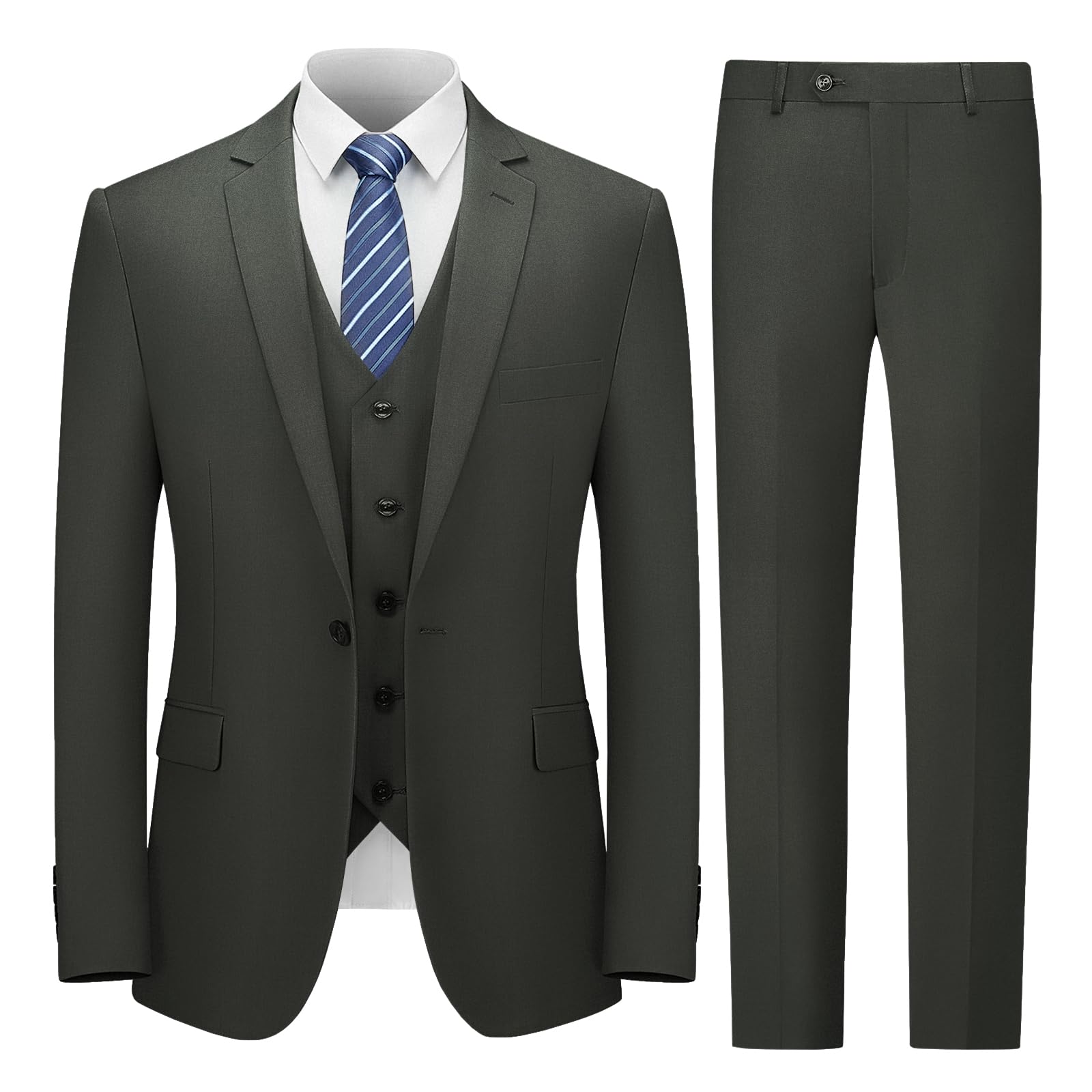 Cooper & Nelson Men's Suit Slim Fit, 3 Piece Suits for Men, One Button Solid Jacket Vest Pants with Tie, Tuxedo Set Olive L